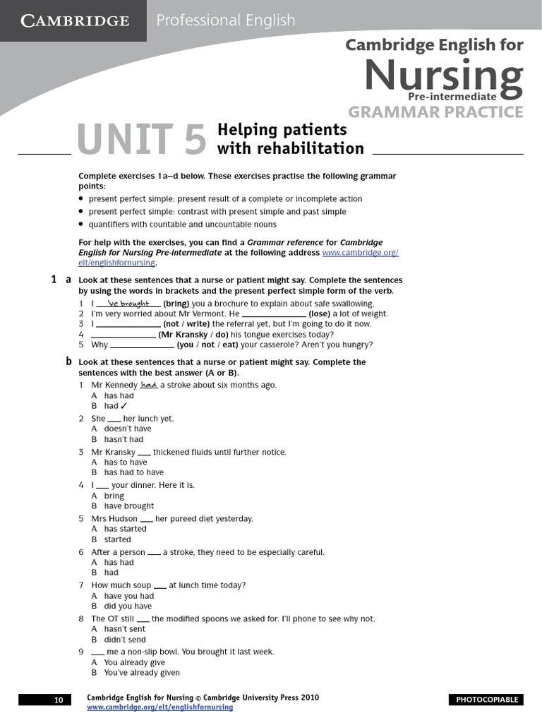 Cambridge English For Nursing Grammar Practice Pre Intermediate Unit5 | PDF | Syntax | Language ...