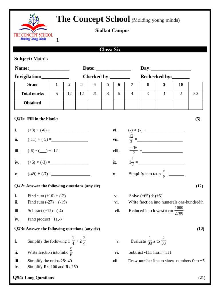 6th Maths Paper (1st Term) | PDF | Division (Mathematics) | Numbers
