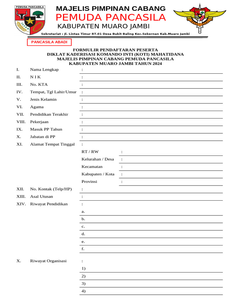 FORMULIR PENDAFTARAN PESERTA Diklat Koti | PDF