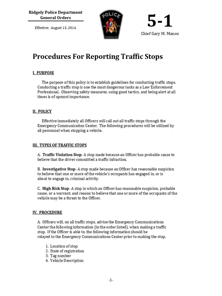 RPD General Order 5 1 Procedures For Traffic Stops | PDF | Traffic Stop ...