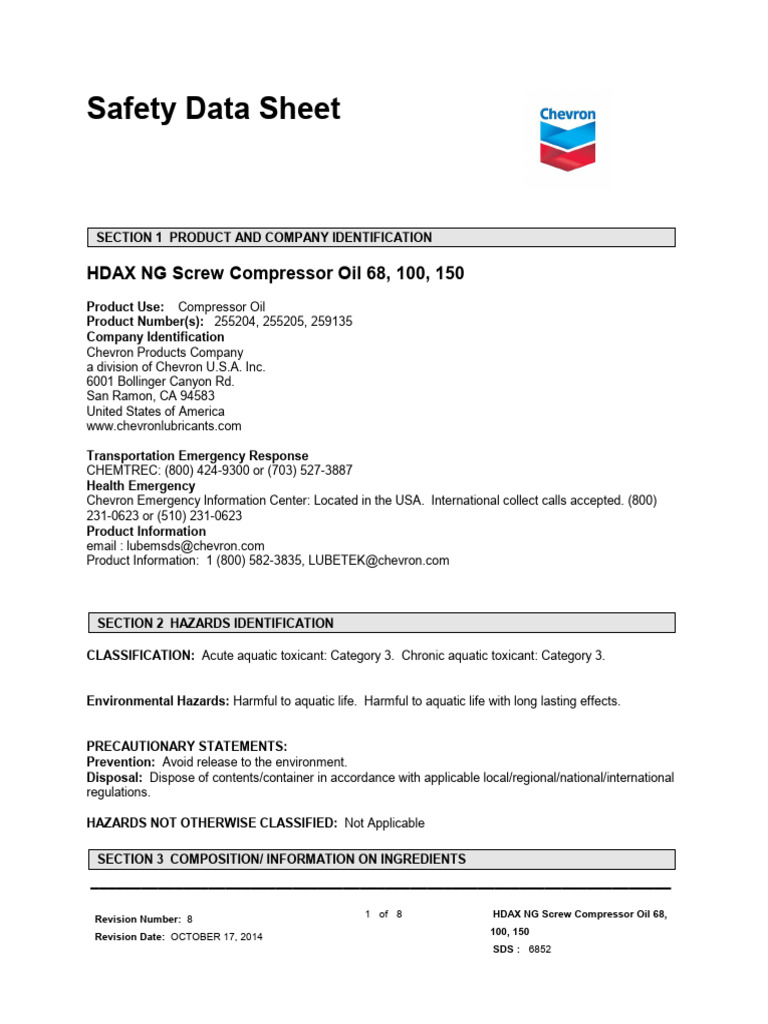 HDAX NG Screw Compressor Oil 150 MSDS | PDF | Personal Protective ...