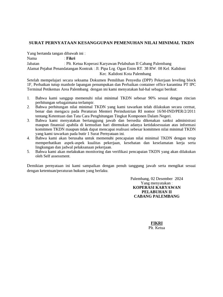 3 SURAT PERNYATAAN KESANGGUPAN TKDN 2024 | PDF