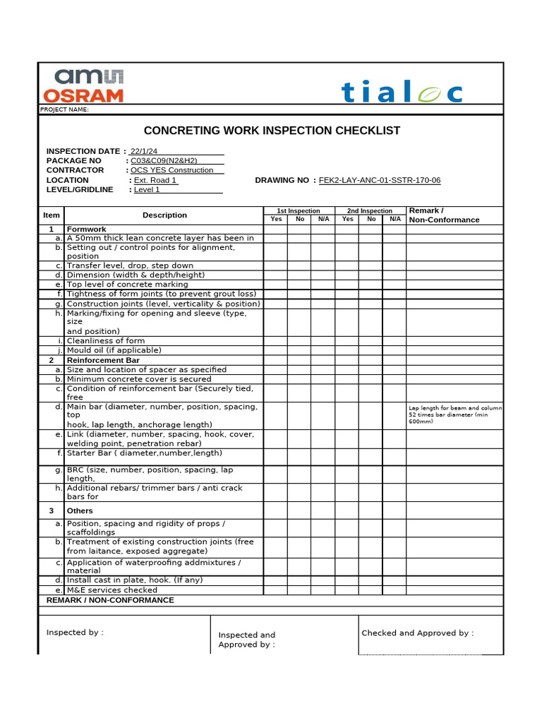 Concreting Checklist | PDF | Concrete | Building Technology