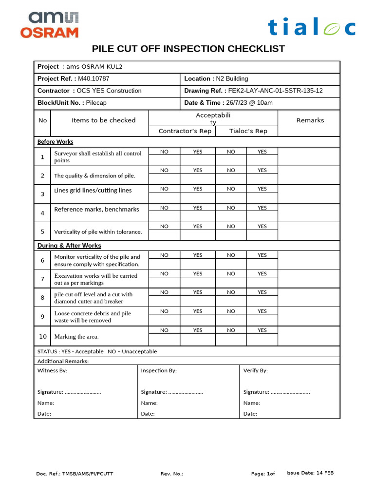 Pile Cut Off Checklist | PDF | Quality
