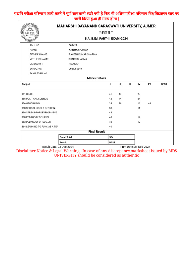 B.A. B.Ed. Part-III Result 2024 | PDF