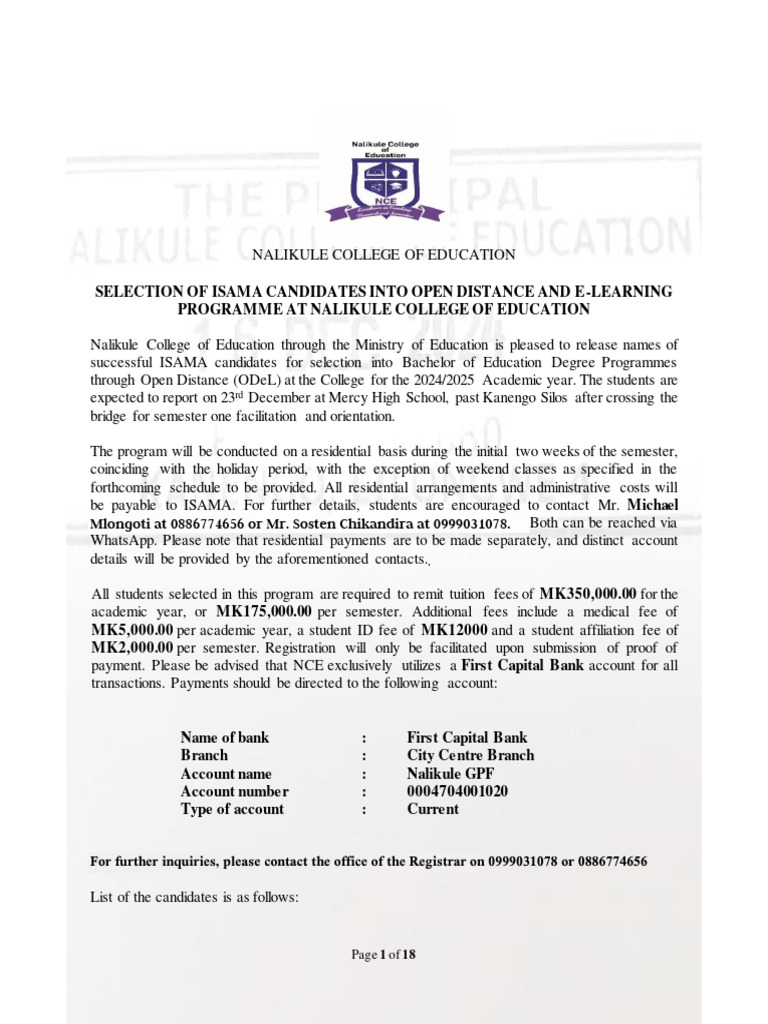 Nce Isama Selection List - 16th December 2024 | PDF | Written ...