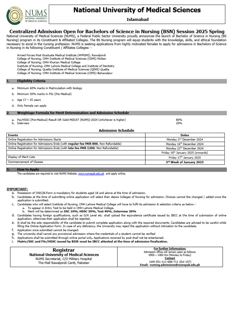 2024 BSN Advertisement For Centralized Admissions BSN1733115316 | PDF ...