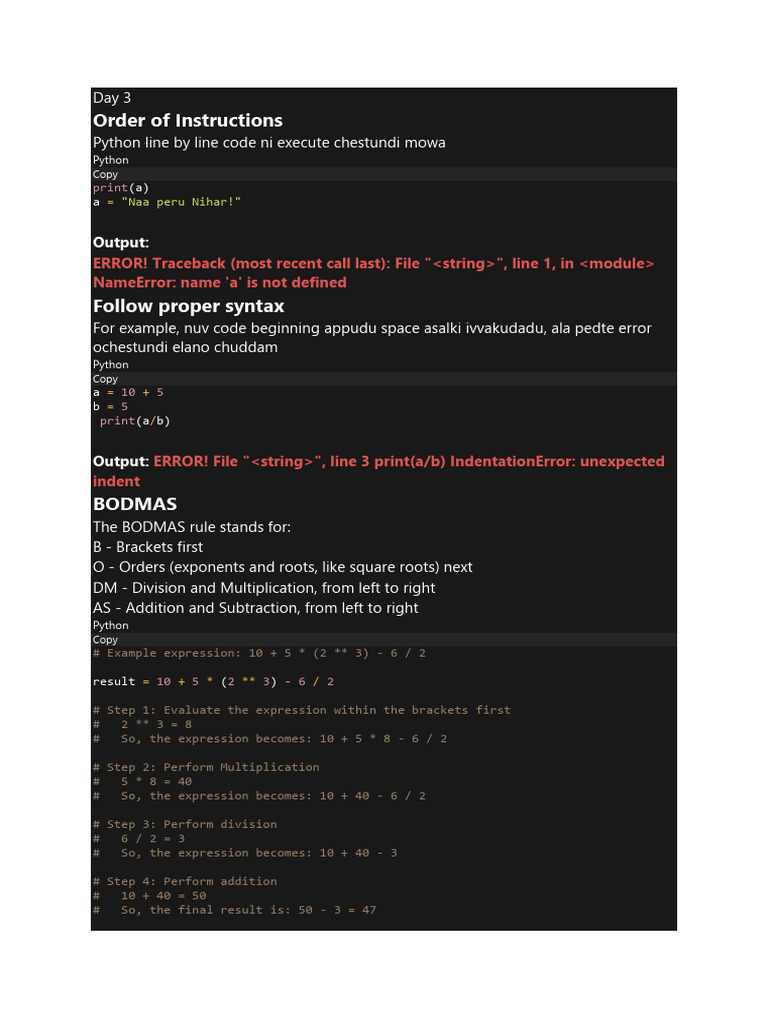 Python Basics: Syntax and BODMAS Rules | PDF