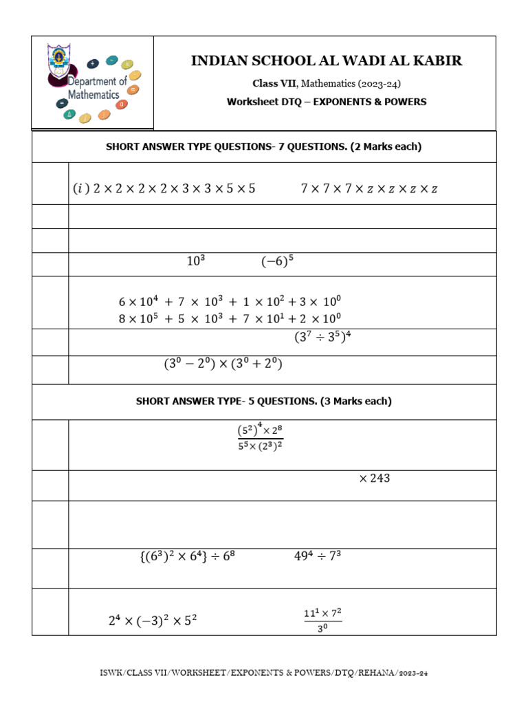 Class VII Exponents & Powers Worksheet | PDF | Mathematical Concepts ...