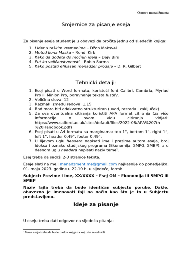 Uputstvo Za Pisanje Eseja OM | PDF