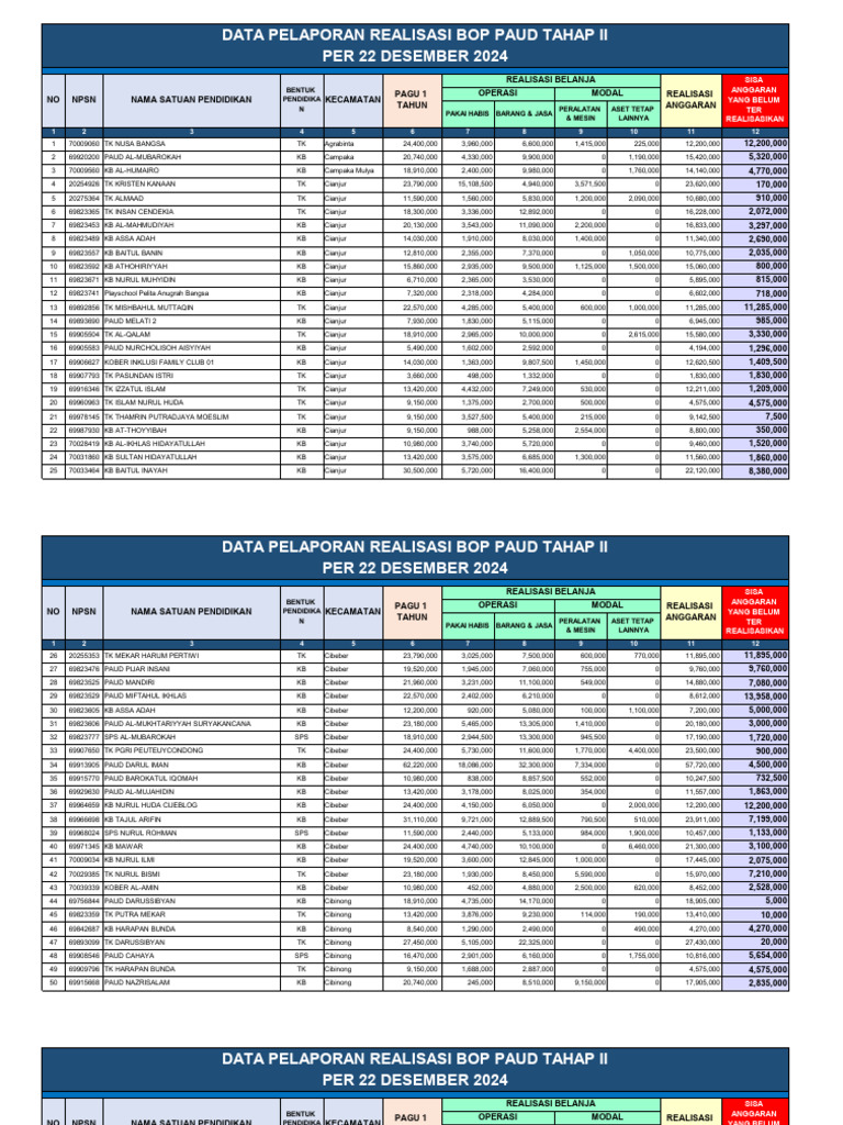 Data Rekapitulasi Pelaporan Anggaran Bop Paud Tahun 2024 Yang Belum Terealisasikan Per 22-12 ...