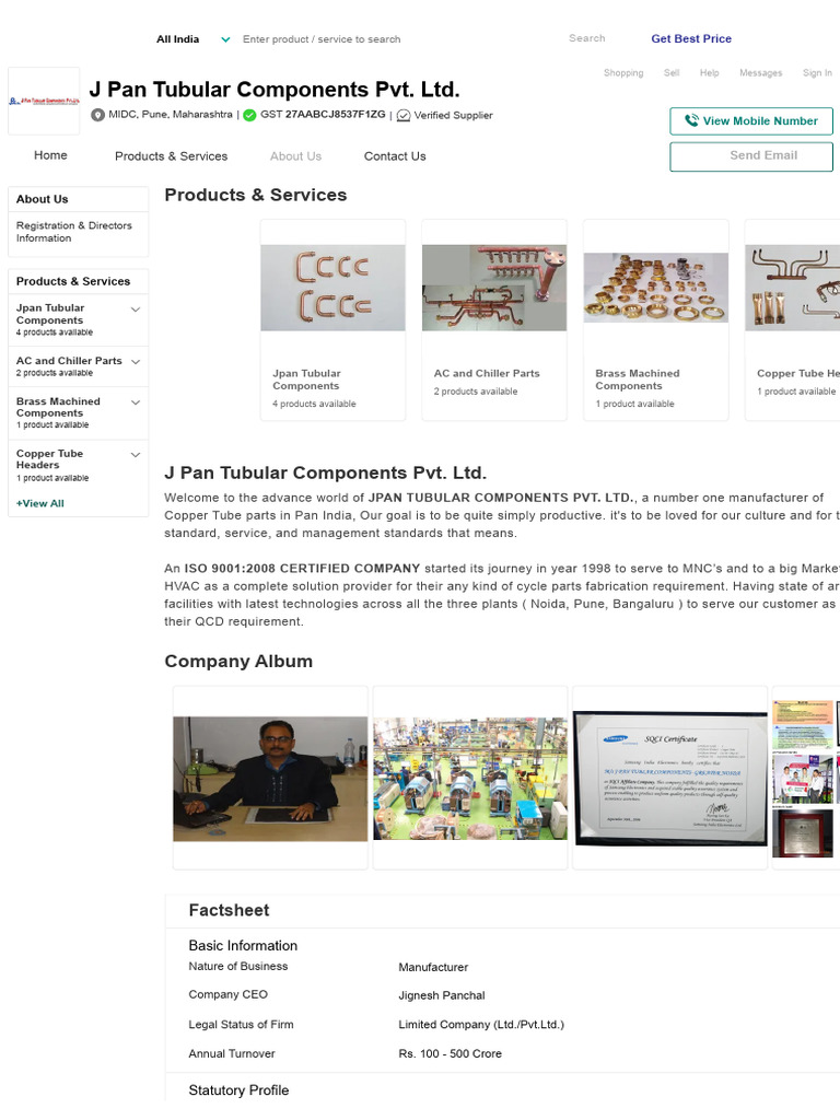 J Pan Tubular Components Pvt. Ltd. - Manufacturer From MIDC, Pune ...