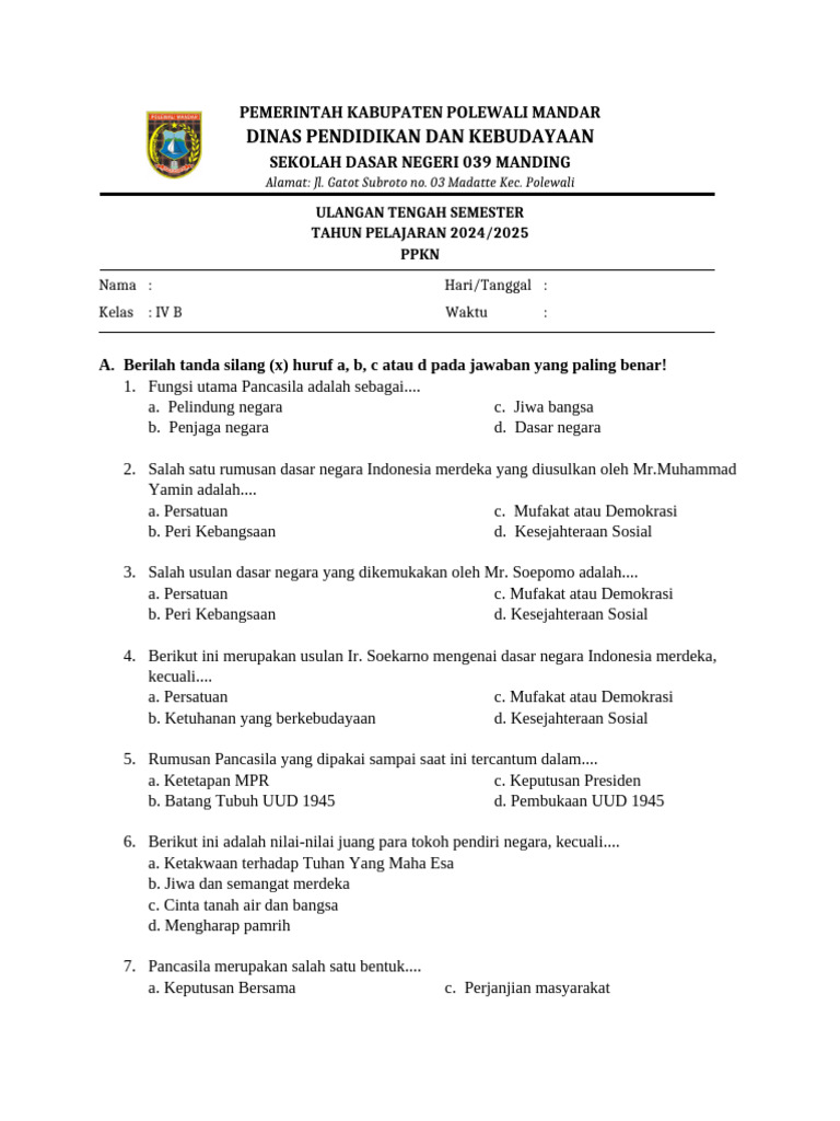 Soal STS 1 PPKN Kelas 4 | PDF