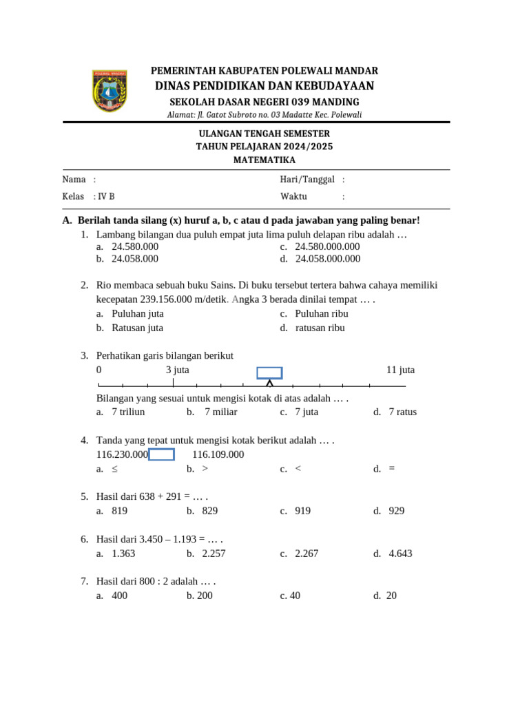 Soal Sts 1 Mtk Kelas 4 | PDF