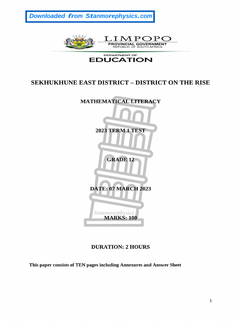 Limpopo Maths Literacy Grade 12 March 2023 QP and Memo | PDF Limpopo Maths Literacy Grade 12 March 2023 QP and Memo | PDF