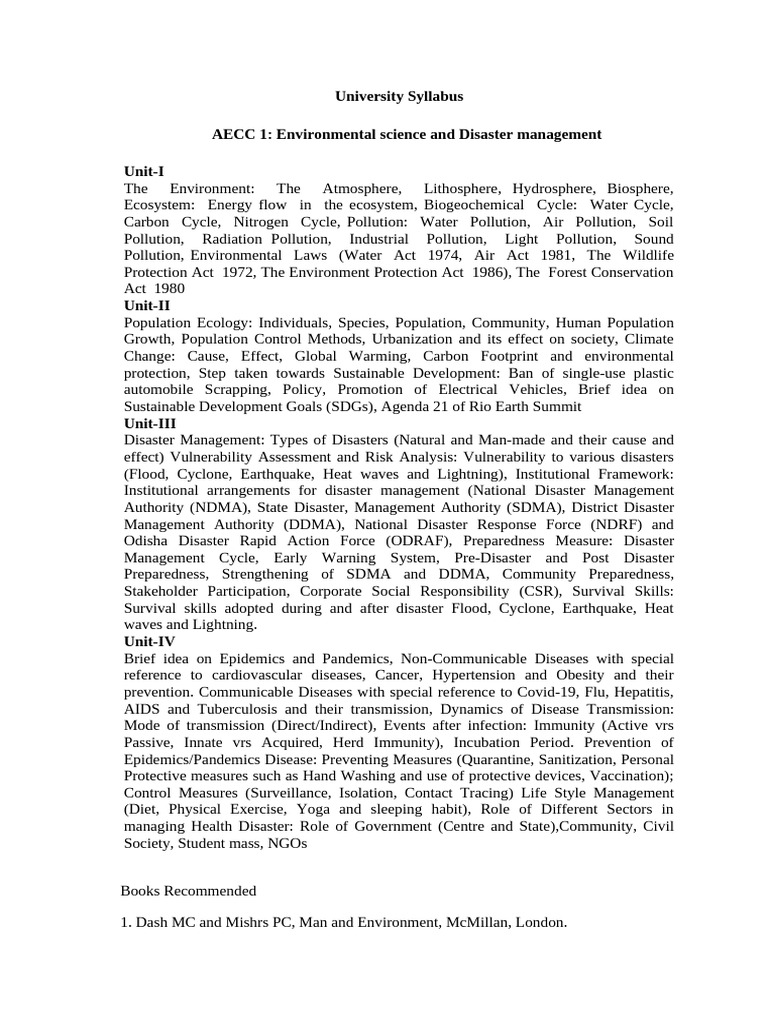 Environmental Science & Disaster Management Syllabus | PDF | Natural ...