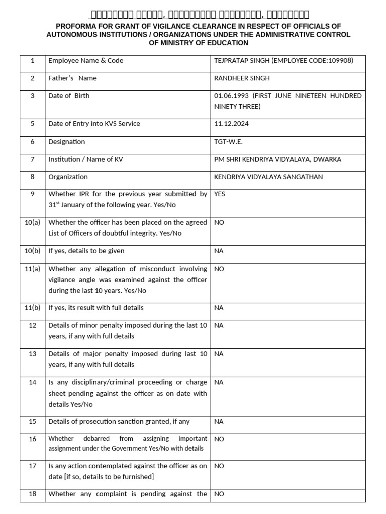 Vigilance Certificate Performa | PDF | Justice | Crime & Violence