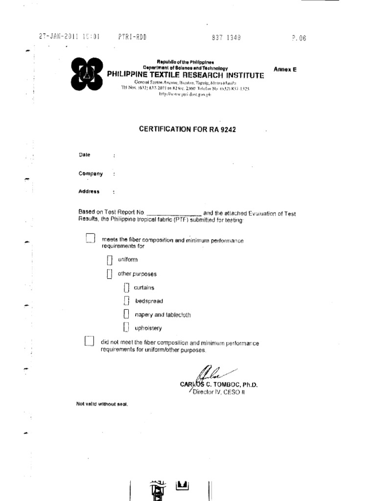 Ra 9242 Sample Certification | PDF