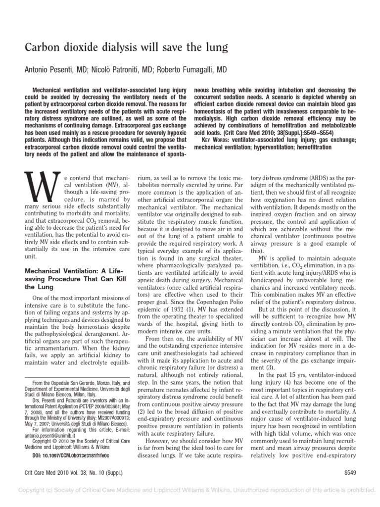 Carbon Dioxide Dialysis Will Save The Lung. Critical Care 2010 Vol. 38 ...