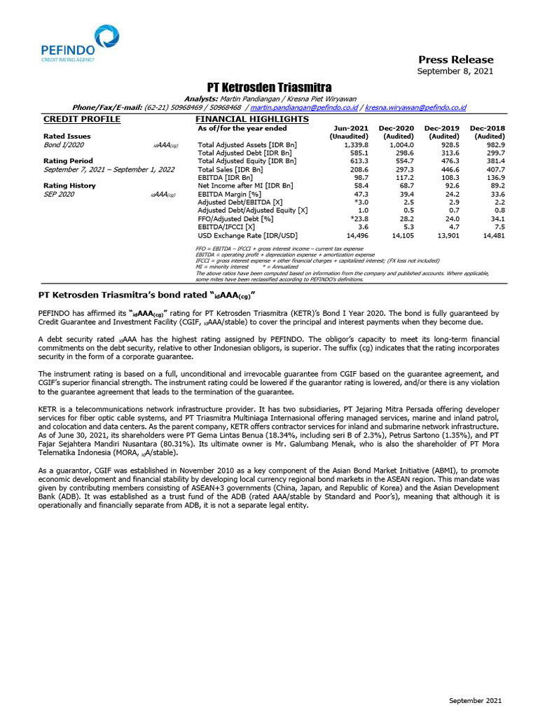 Pefindo Rating 2021-09-08-Ketr Bond | PDF | Corporations | Investing