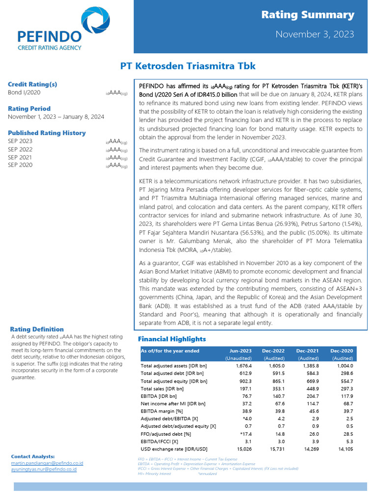PEFINDO RATING 2023-11-03-KETR-RS | PDF | Debt | Expense