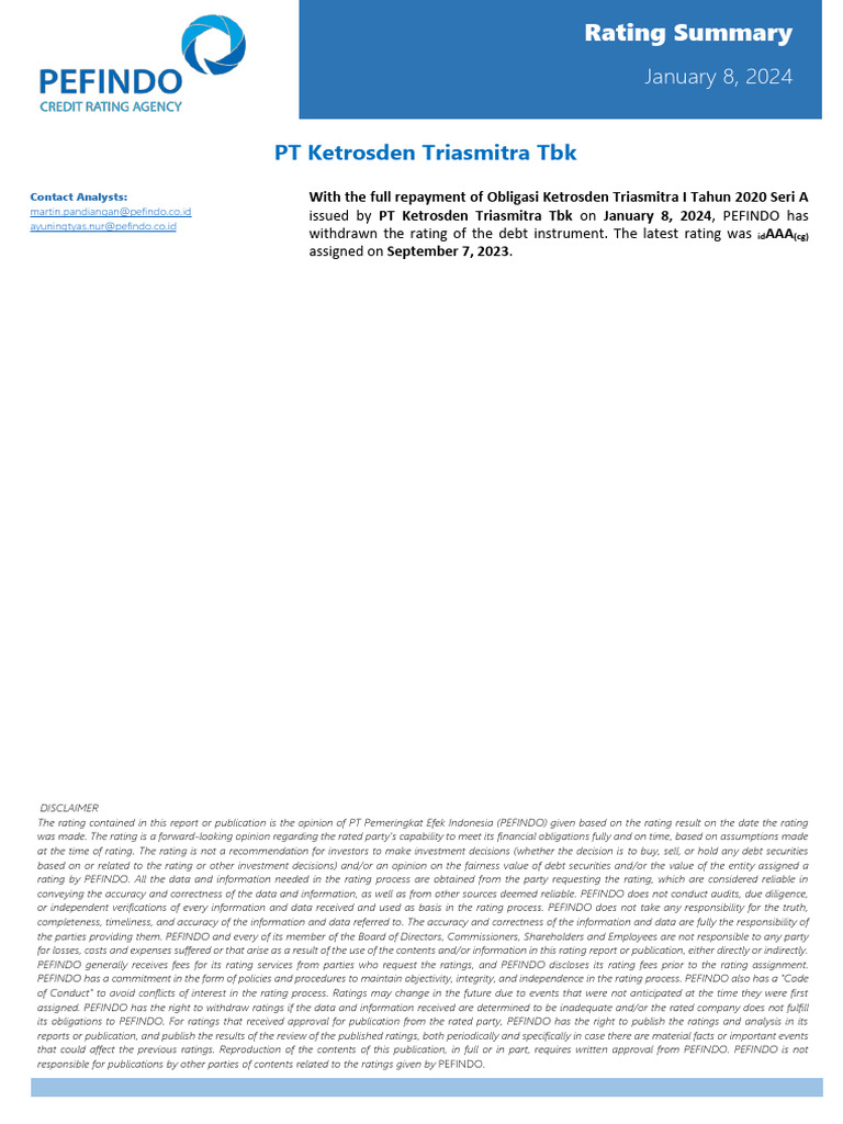 PEFINDO RATING 2024-01-08-KETR-prw | PDF | Conflict Of Interest | Economies