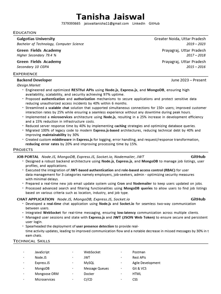 Tanisha Jaiswal Resume | PDF | Scalability | Information Technology