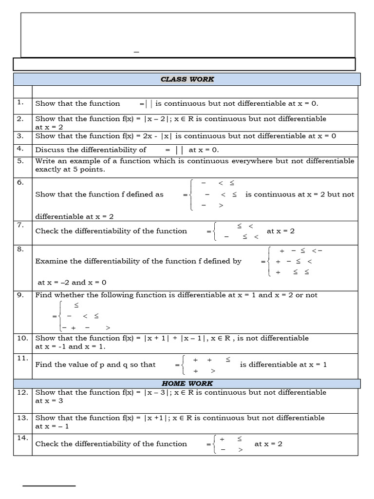 Worksheet 6 Continuity Differentiability | PDF | Function (Mathematics ...
