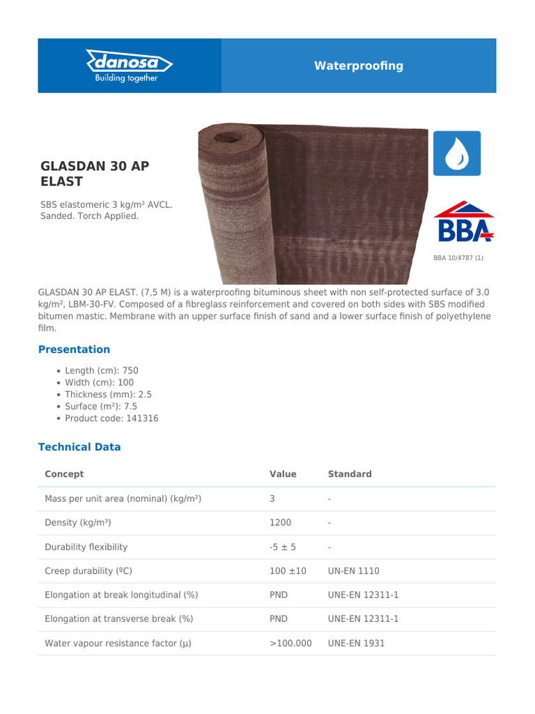 Danosa - GLASDAN 30 AP ELAST | PDF | Roof | Welding