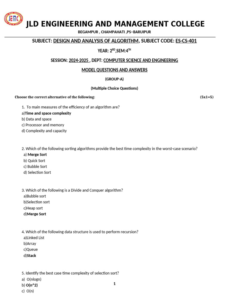 Algorithm Design & Analysis QA | PDF | Computer Science | Algorithms