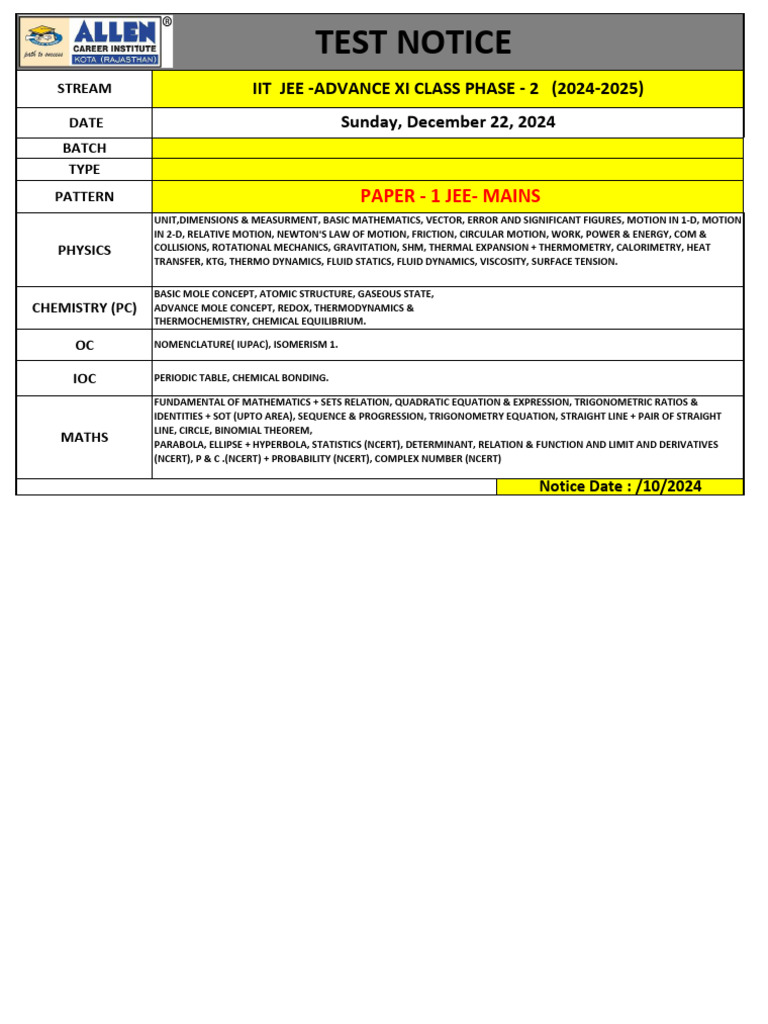 Iit Nurture Phase Phase 2 Test Syllabus 22 Dec 24 | PDF