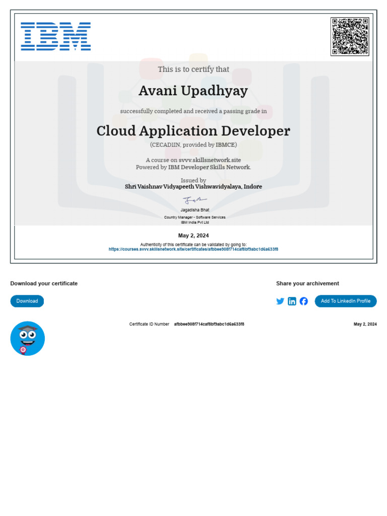 Avan - IBMCE CECAD1IN Certificate - SVVV | PDF