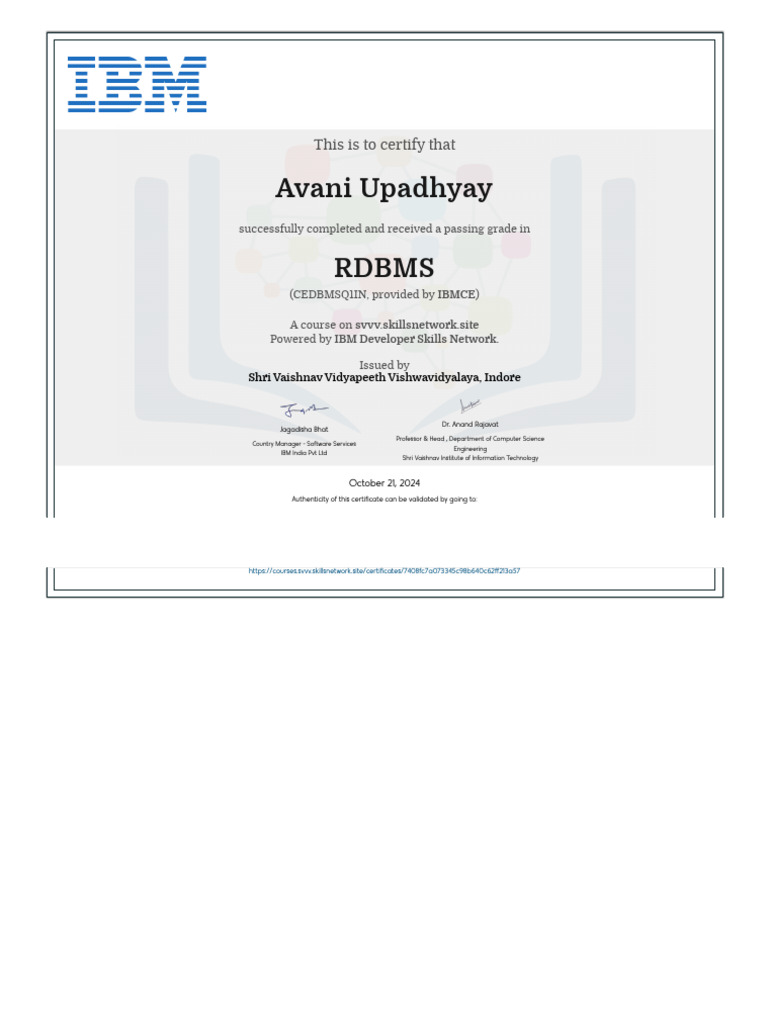 Avani... 333211024ibmce Ibmce Cedbmsq1in Certificate - SVVV | PDF