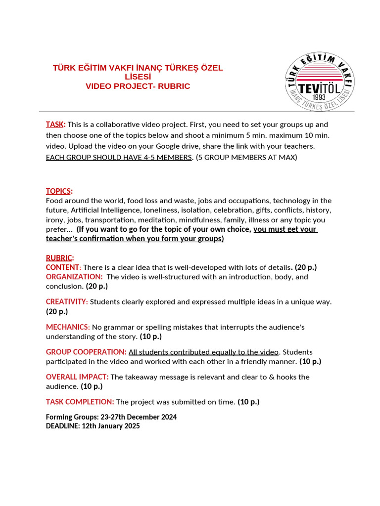 Video Project Task - TERM 1 - Prep | PDF