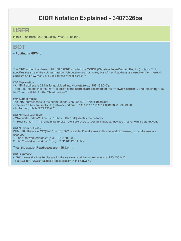 CIDR Notation & /16 IP Address Guide | PDF
