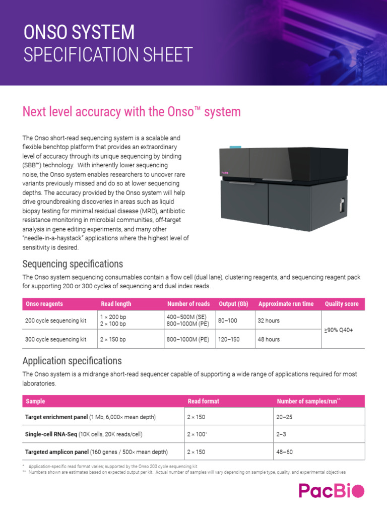 Onso Specification Sheet | PDF | Dna Sequencing | Biotechnology
