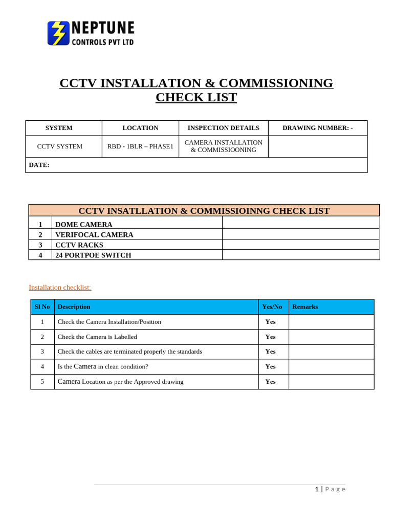 7 CCTV Installation and Commissioing Check List | PDF