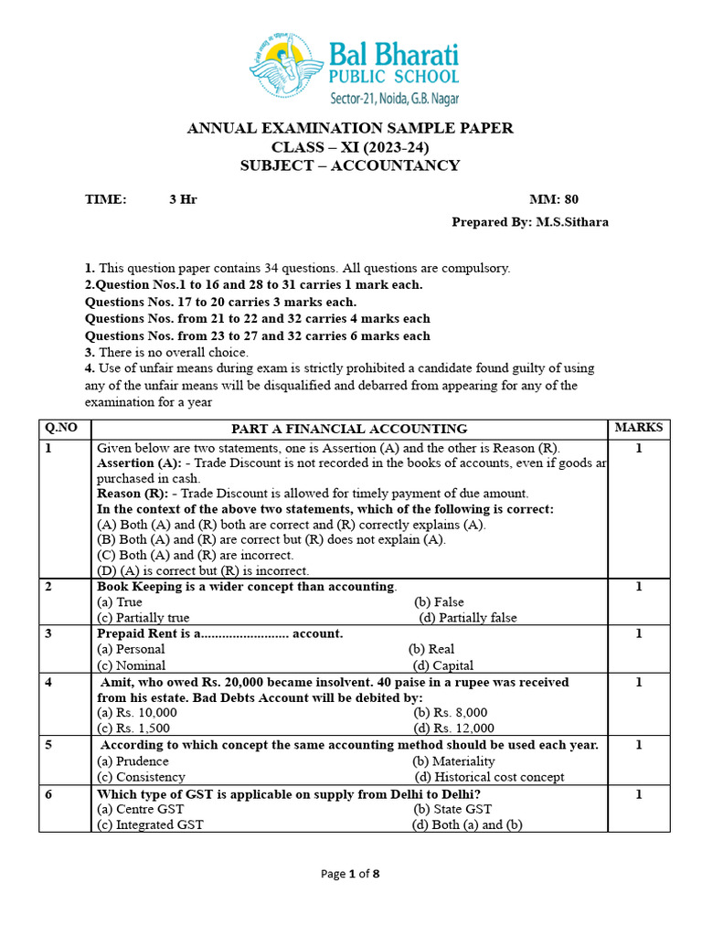 Class XI Accountancy Exam Paper 2023-24 | PDF | Debits And Credits ...