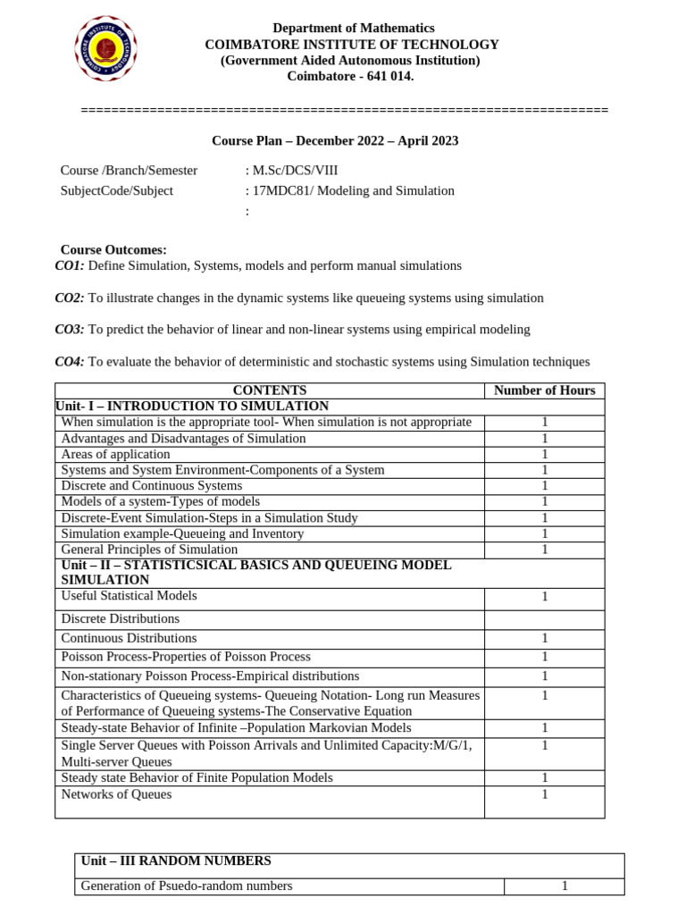 M&S Module 7B Course Plan | PDF | Probability Distribution | Simulation