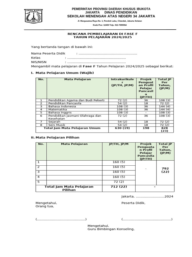Form Rencana Pembelajaran Fase F_Siswa_TP 2024-2025 | PDF