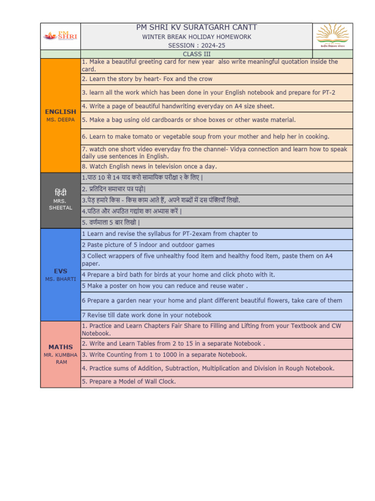 Class III Winter Break Homework Guide | PDF