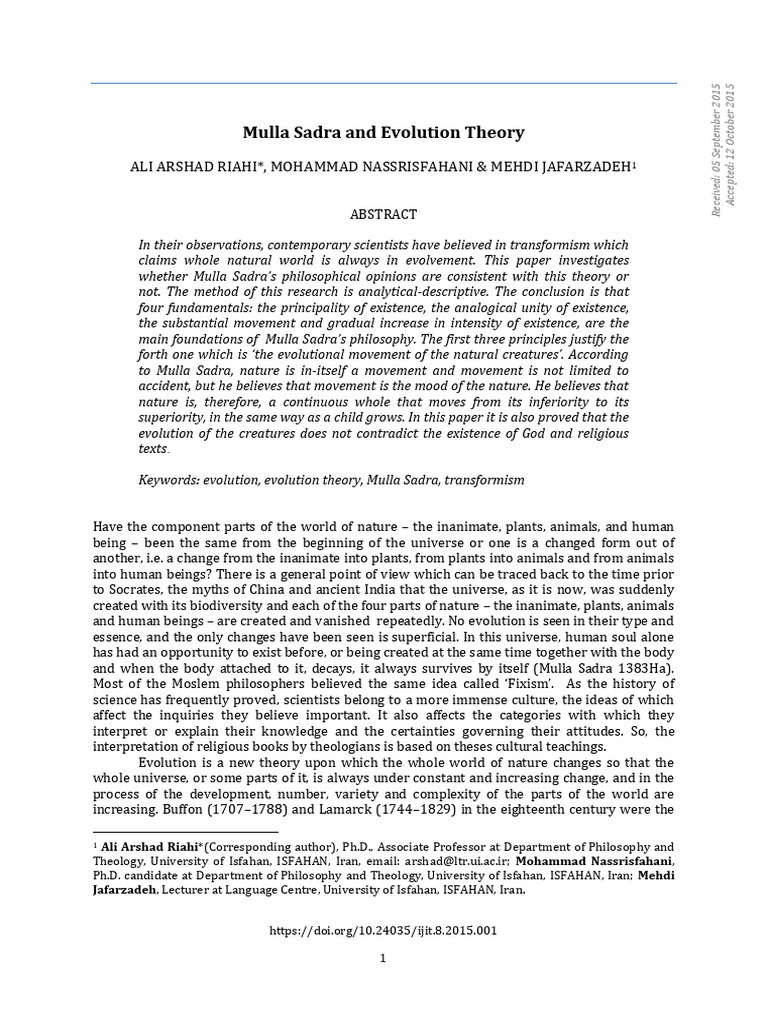 Mulla Sadra and Evolution Theory | PDF | Islamic Philosophy | Existence