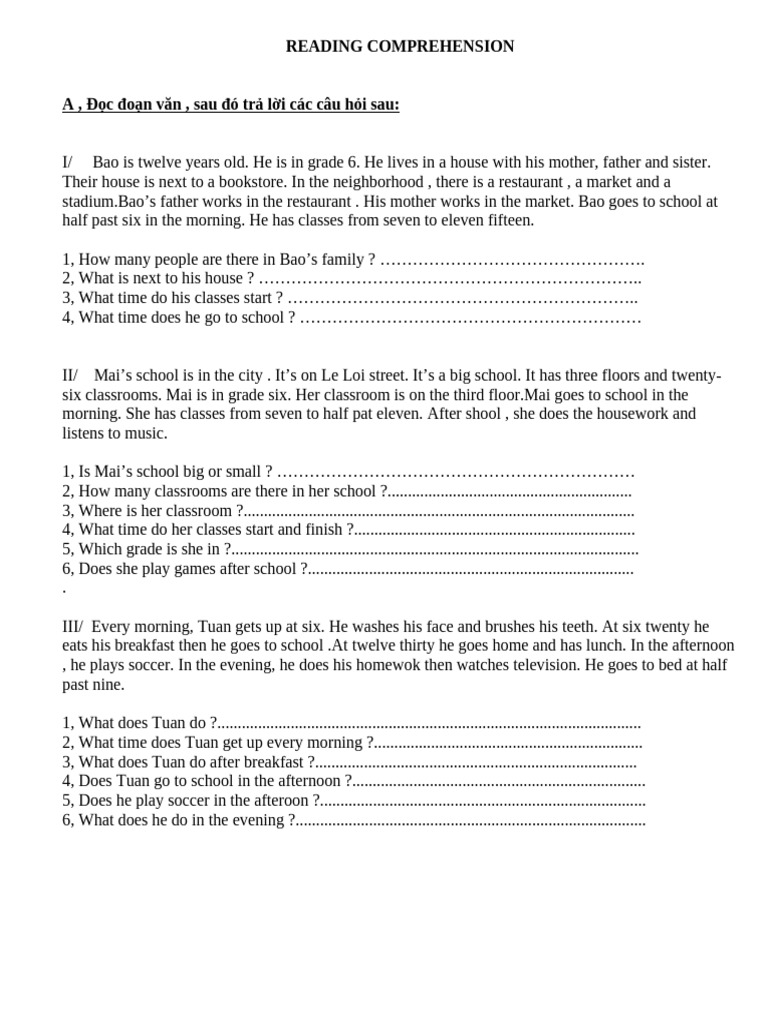 Bai Tap Doc Hieu On Thi Ky 1 Anh 6 | PDF | Education Reform | Education ...