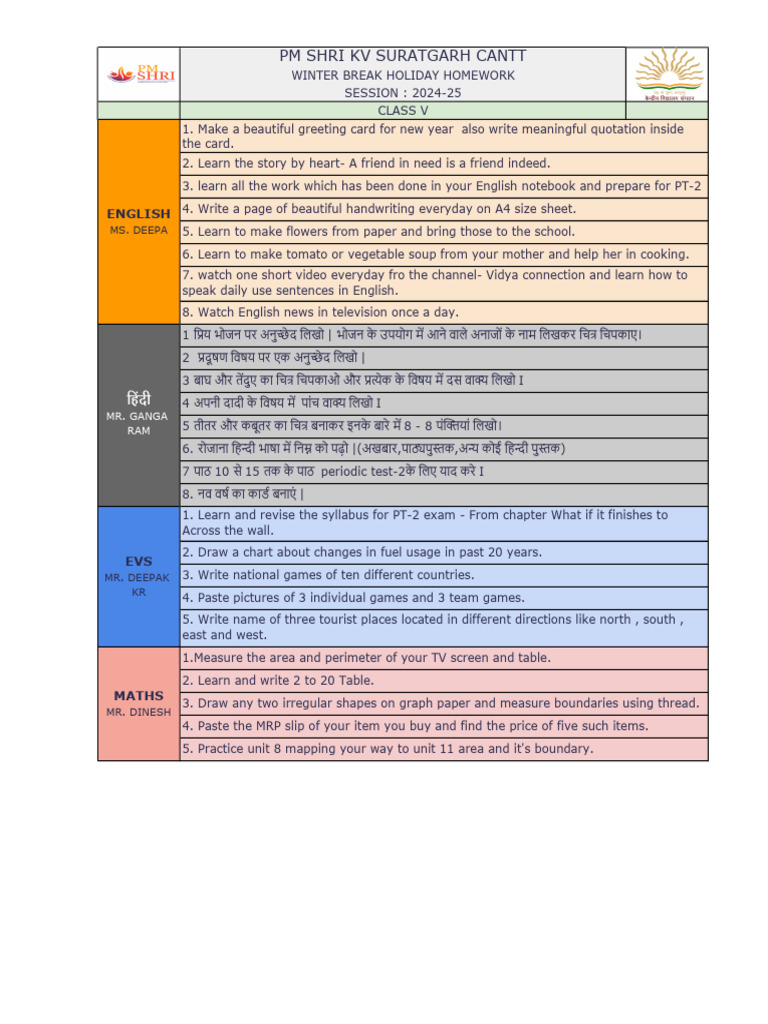 Class 5 Winter Break Holiday HW | PDF