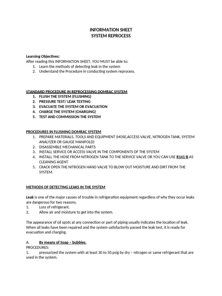 Aircon System Reprocess Procedures | PDF | Leak | Vacuum