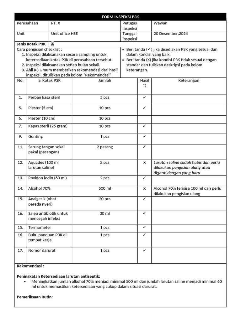 Form Inspeksi P3K - Wawan | PDF