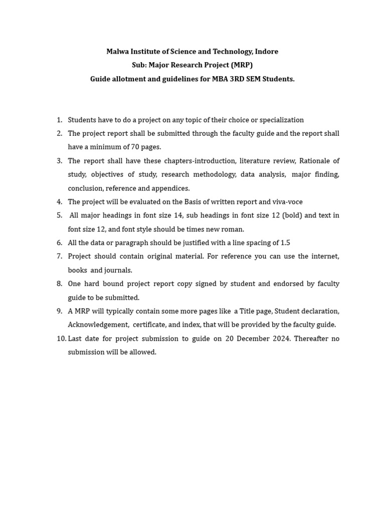MBA Project Guidelines for MRP Students | PDF