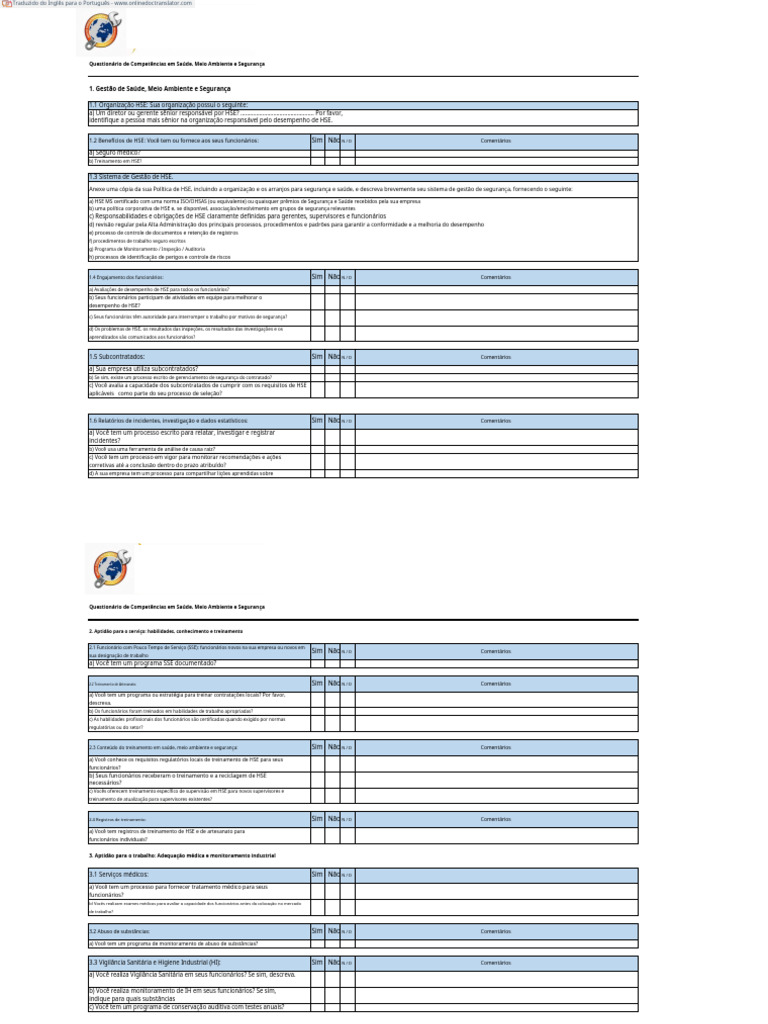 Questionário de HSE: Avaliação de Competências | PDF | Gestão de ...