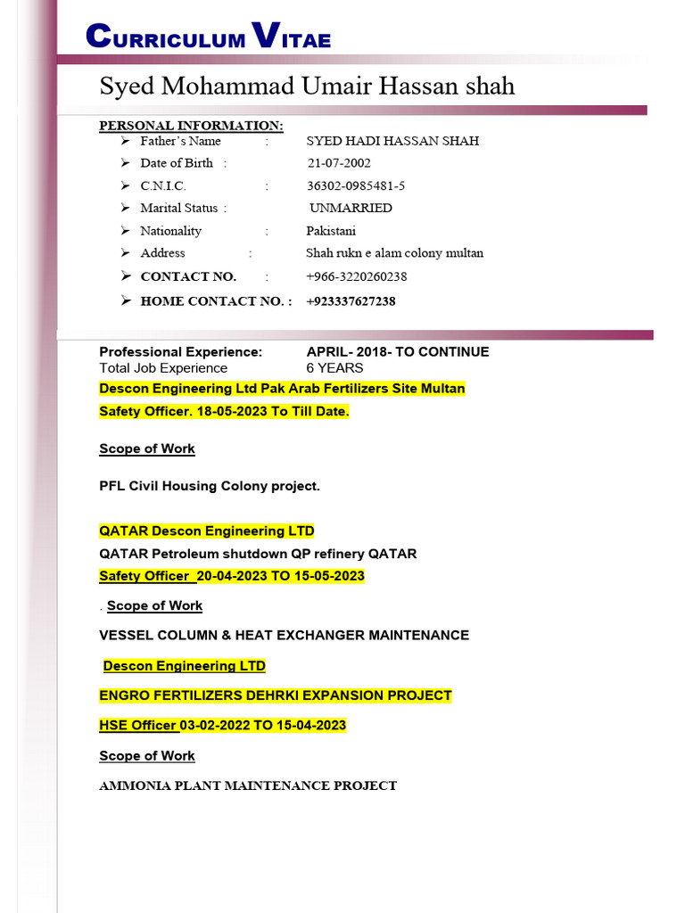 Umair Hassan Updated HSE Officer Cv | PDF Umair Hassan Updated HSE Officer Cv | PDF