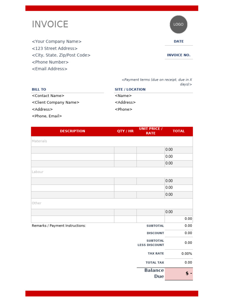 Blank Construction Invoice Template Word | PDF